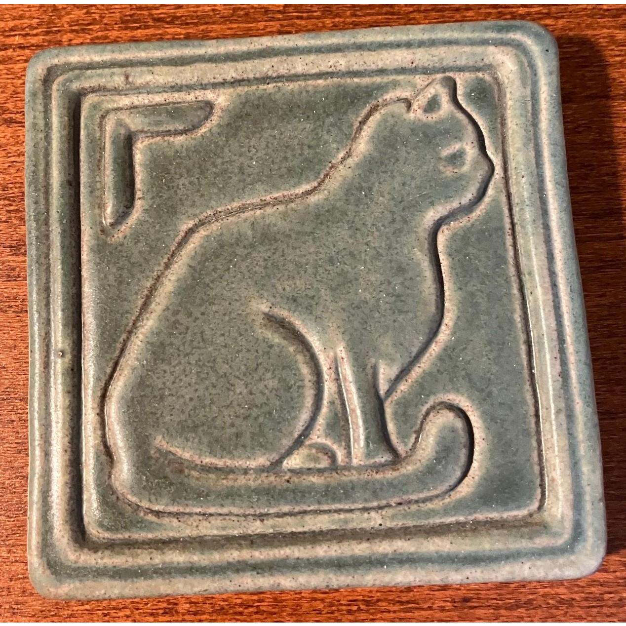 2002 Pewabic Detroit Pottery Wall Tile Sitting Cat Blue Green 3.75" square