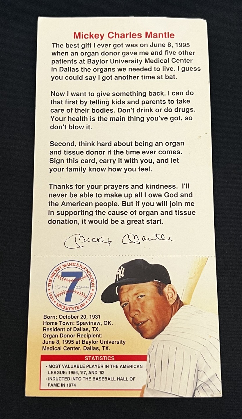 1996 Mickey Mantle Organ Donor Application Card New York Yankees