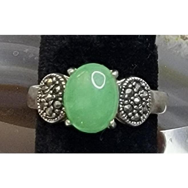 #13 Sterling Ring, Green Jade & Marcasite