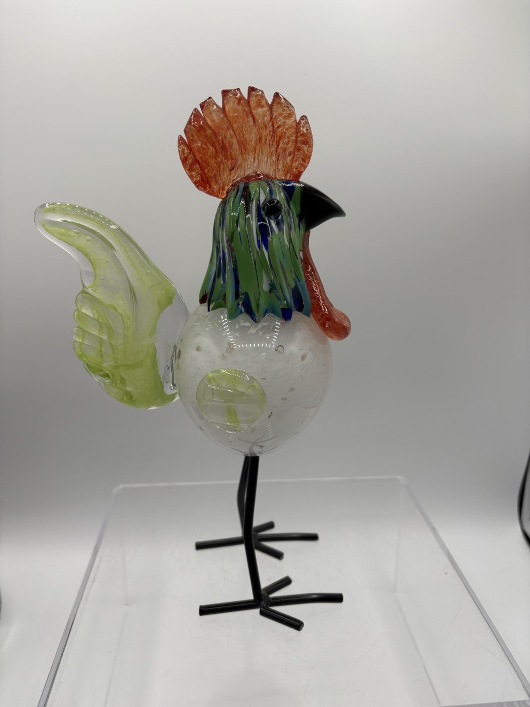 Art Glass Chicken With Metal Legs 9.5”