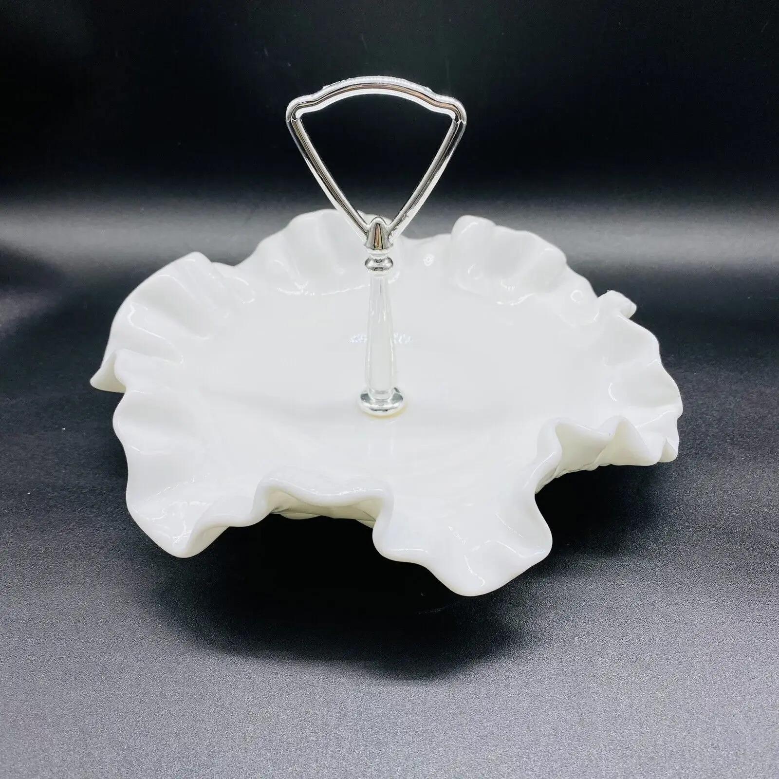 White Milk Glass Serving Ruffled Dish with Handle Tidbit Vintage Grape ...