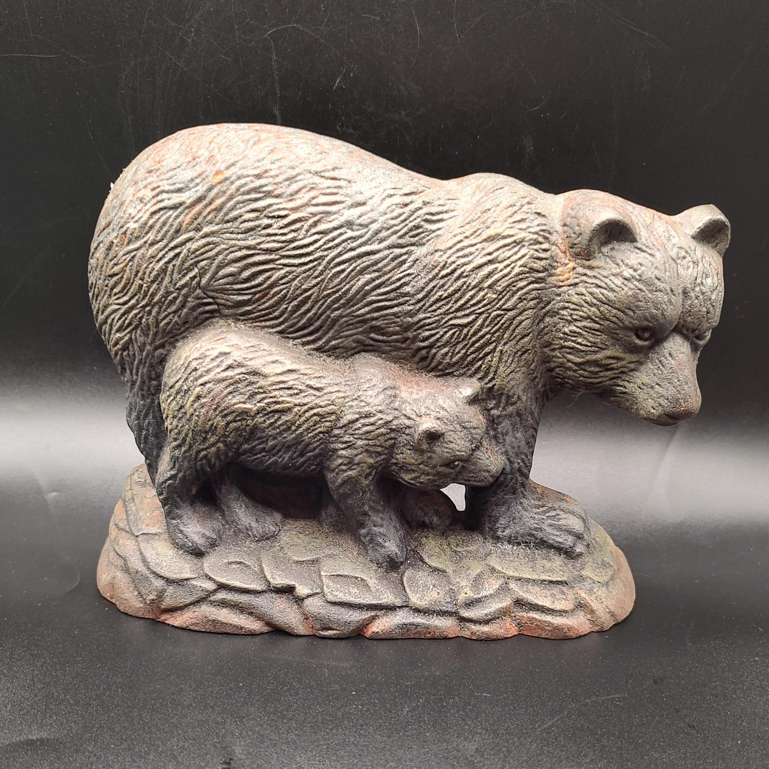 Vtg Cast Iron Black Bear And Her Cub Doorstop