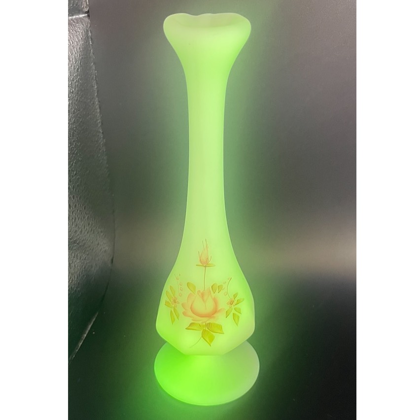 Fenton Hand-Painted Custard Satin Bud Vase – Signed by Kay C – 7.75” Tall