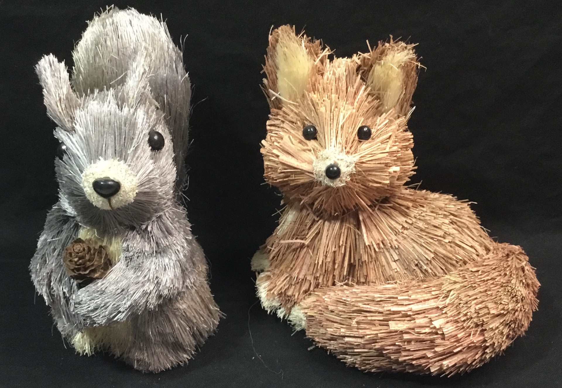 Figurines, straw squirrel & fox, handmade, 4.5" x 5"