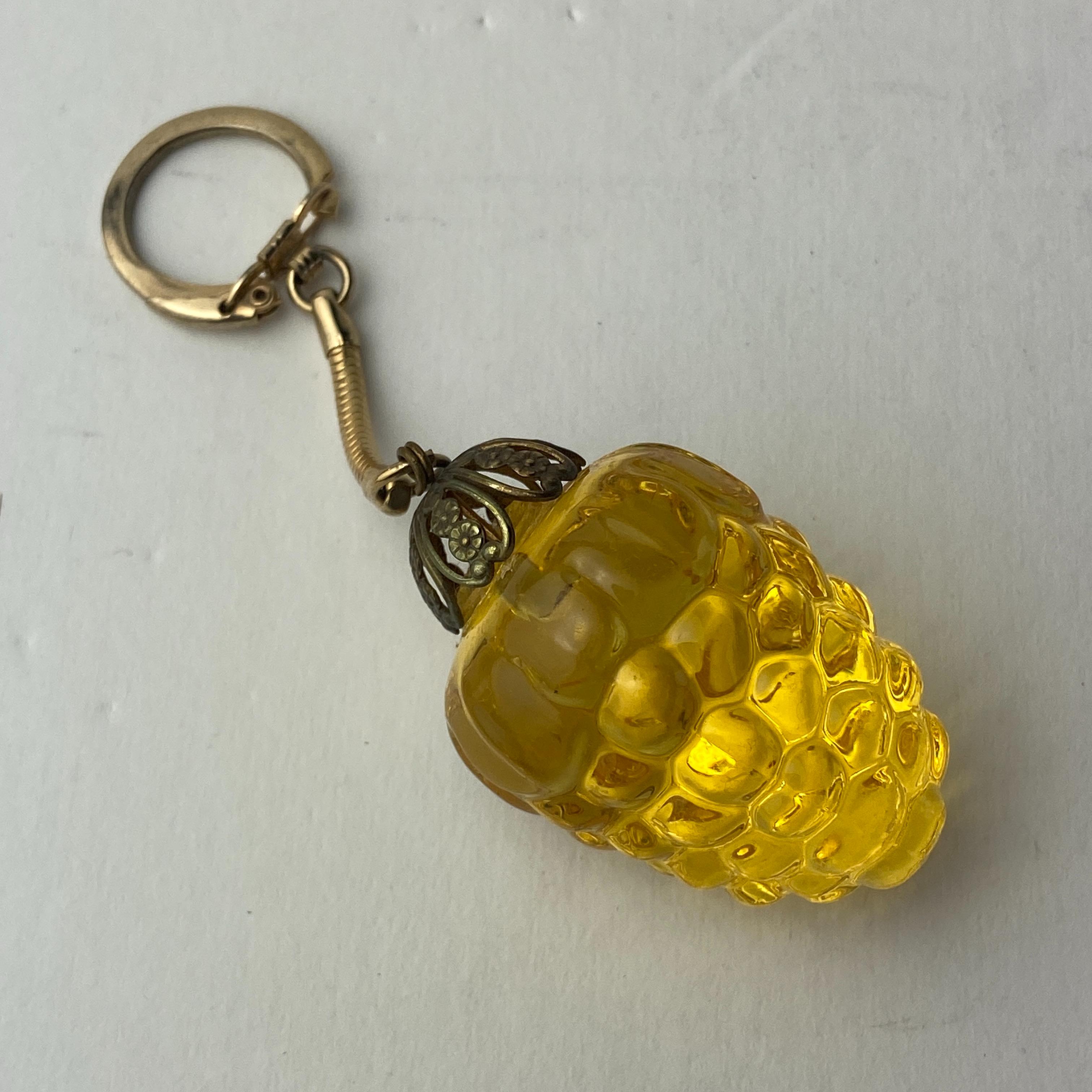 Vintage Yellow Lucite Grapes Cluster Keychain Brass Filigree Top
