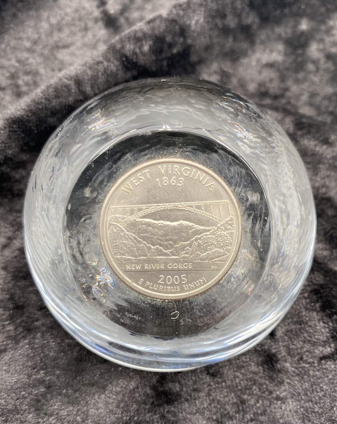 Appalachian Glass, Art Glass Paperweight w/WV Quarter, "New River Gorge ...