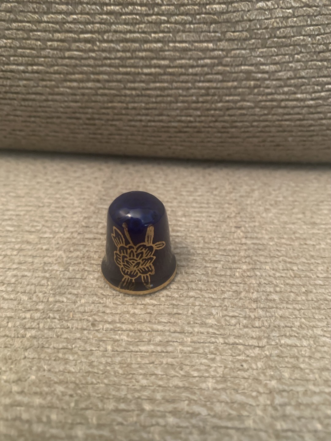 Navy Blue Porcelain Thimble With Gold Flower And Trim