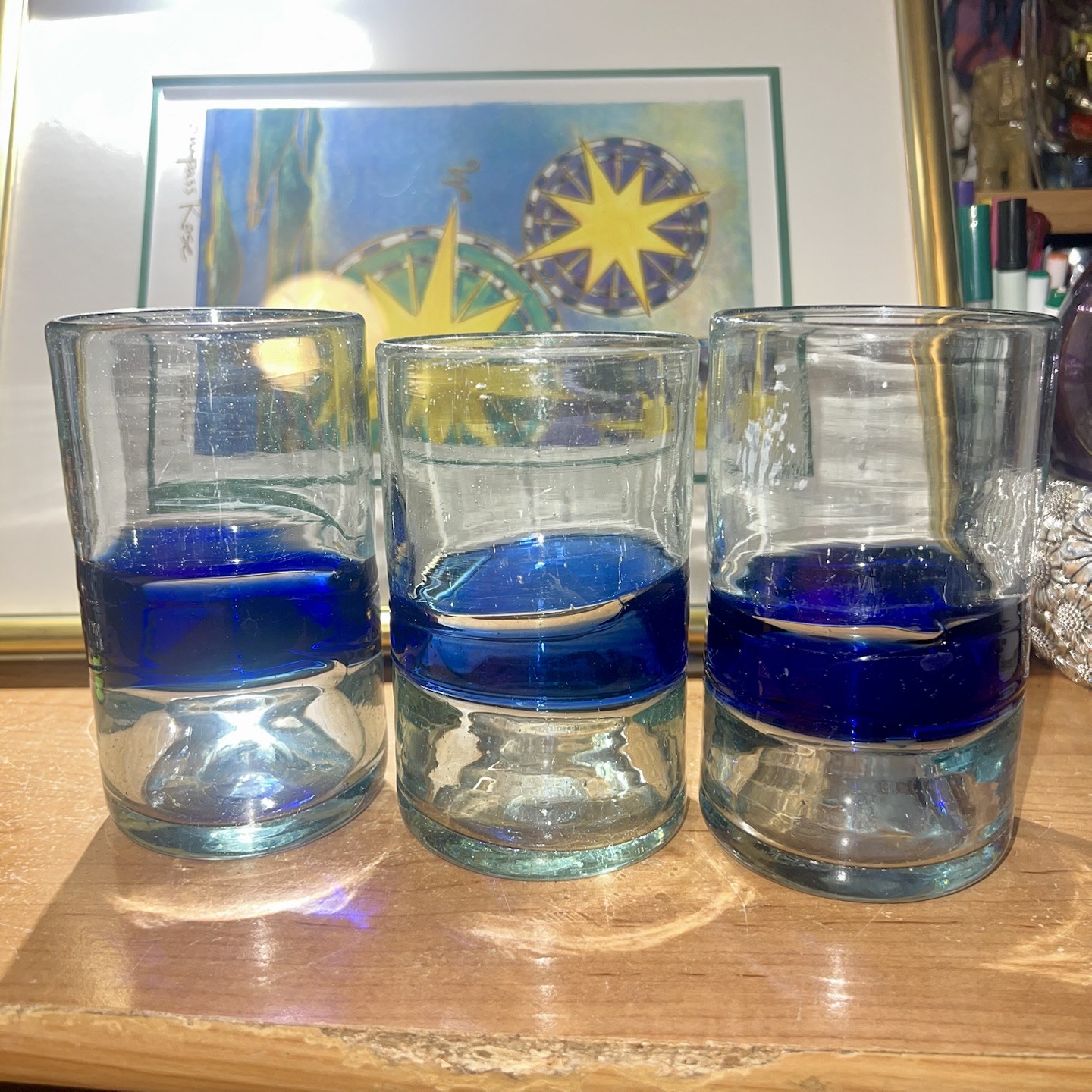 Vintage Mexican Glassware 3 Pc 5in Tall Heavy
