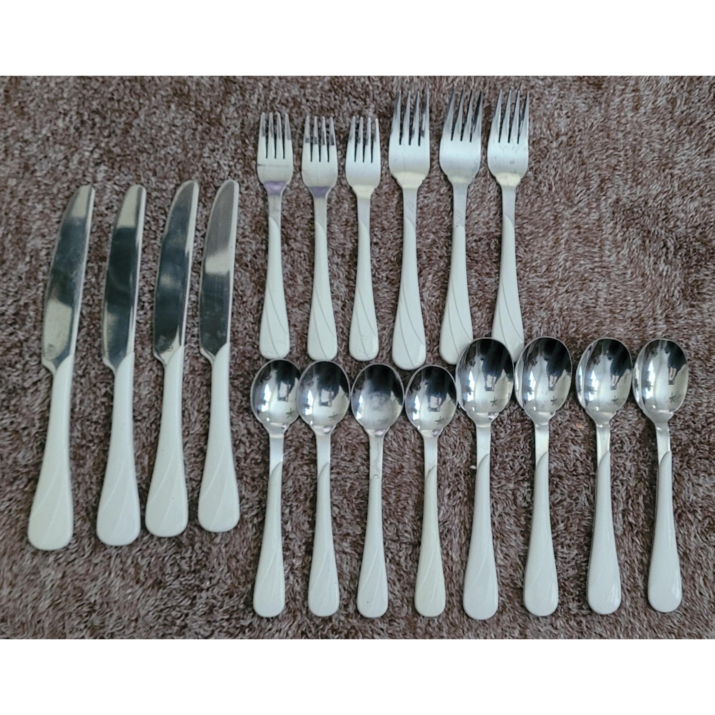 Fiesta Swirl White Flatware Set Stainless Forks Spoons Knives Set of 18