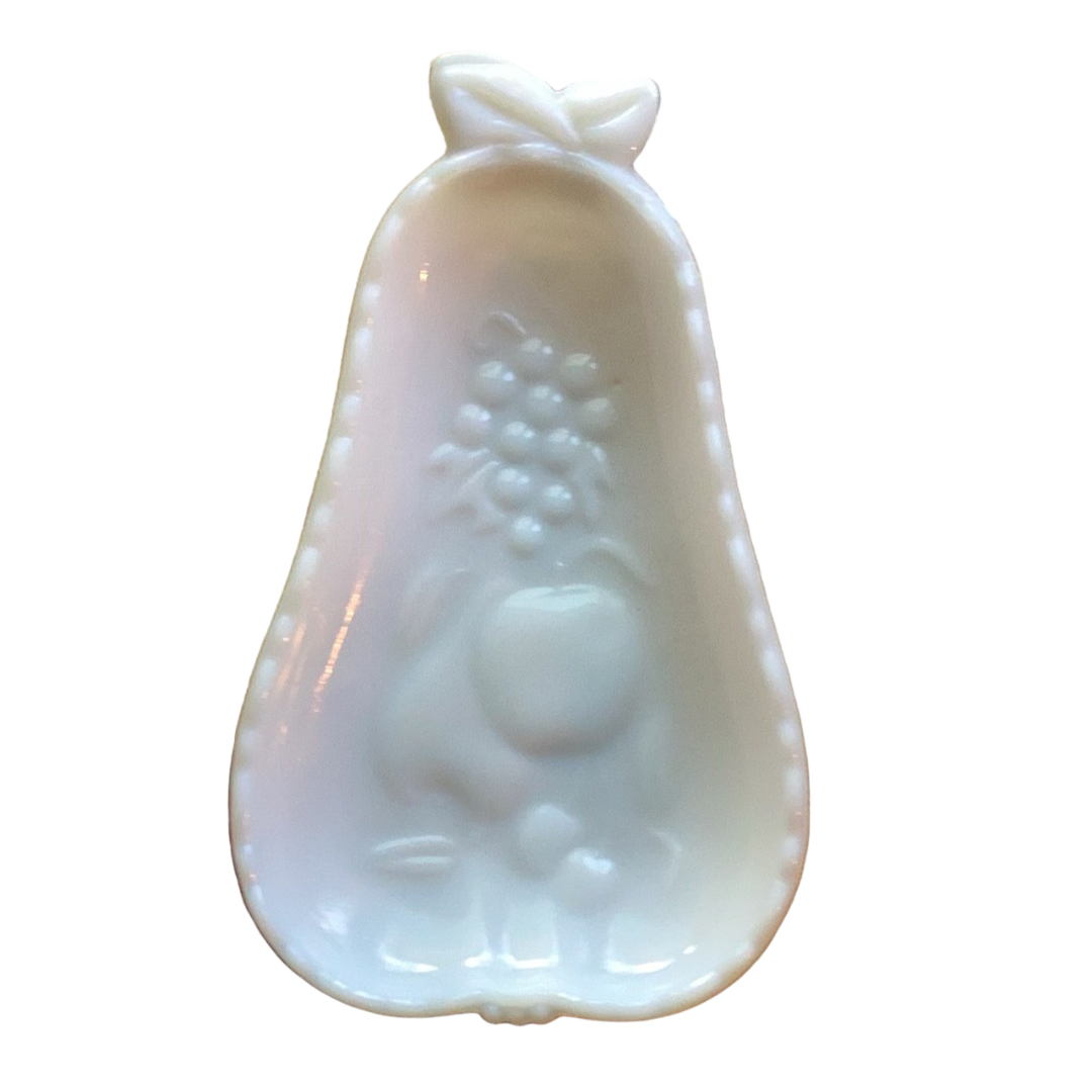 Vintage Hazel-Atlas Milk Glass Pear Dish With Fruit On One Side And ...