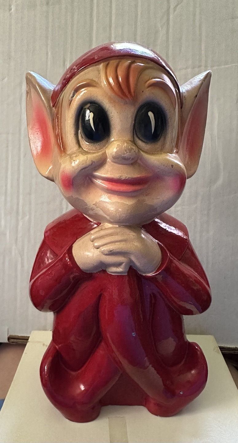 Vintage Ceramic Red Elf Pixie Bank 10”