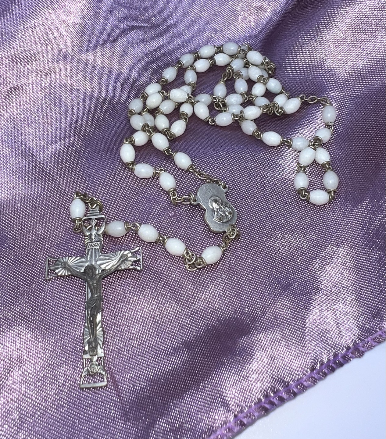Vintage Roma Italy Rosary White Beads Mother Mary Jesus 17”