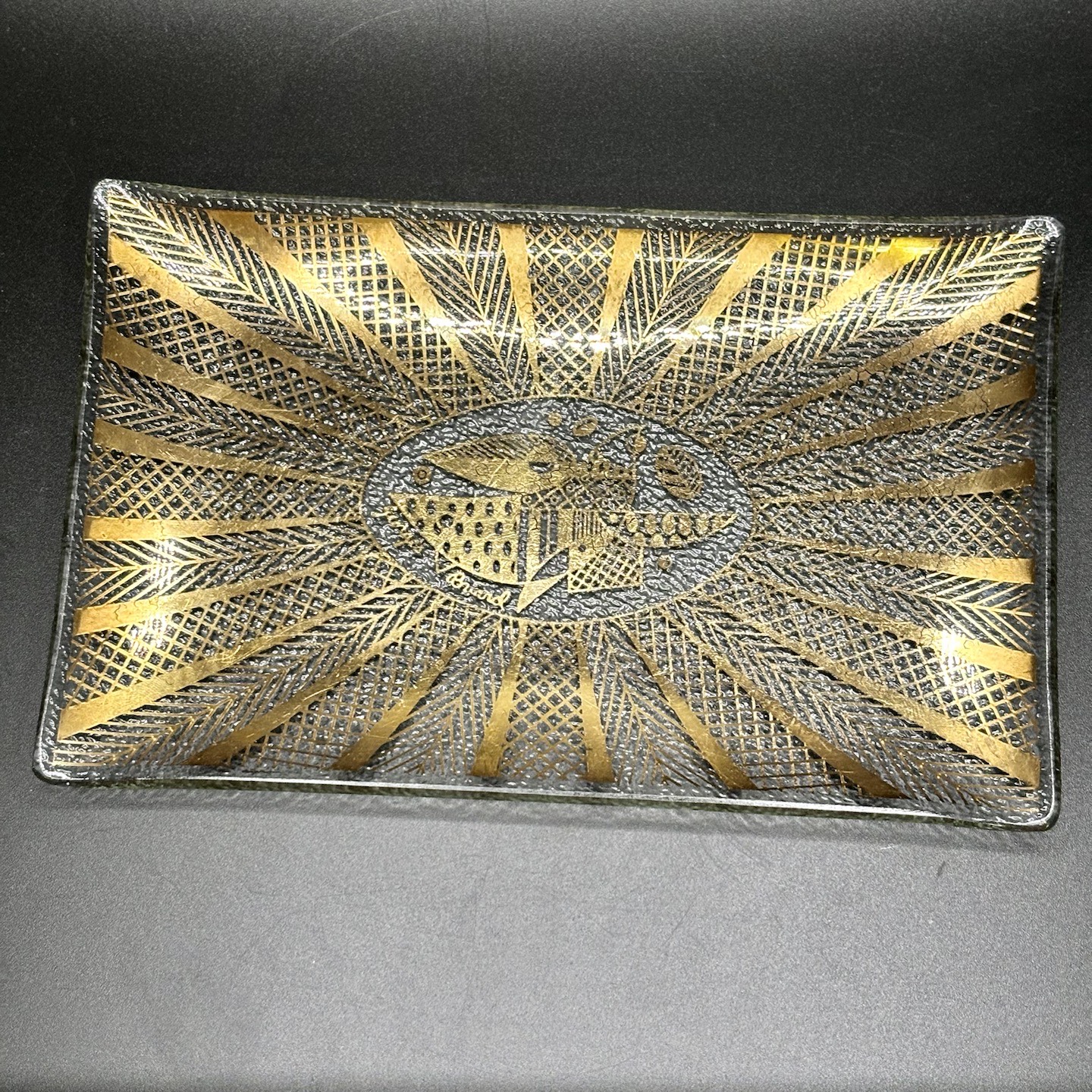 George Briard Signed Glass Gold Rectangular Dish with Bird 4”x6.5”