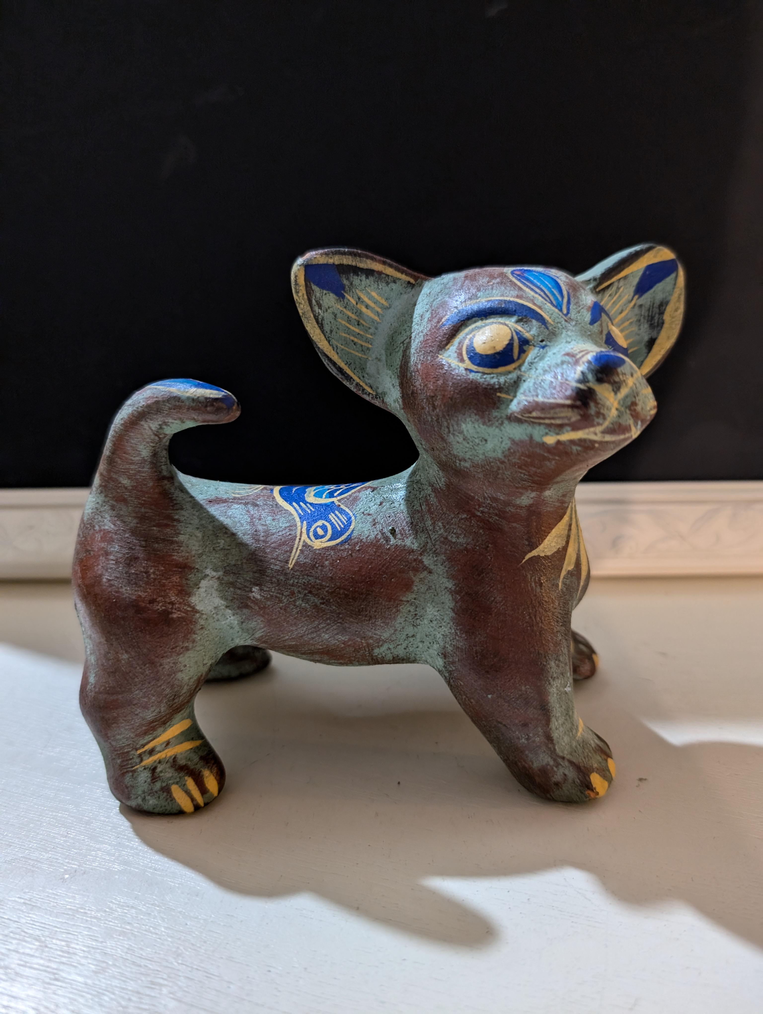 Vintage Hand-Painted Mexican Pottery Dog Figurine with Tribal Design
