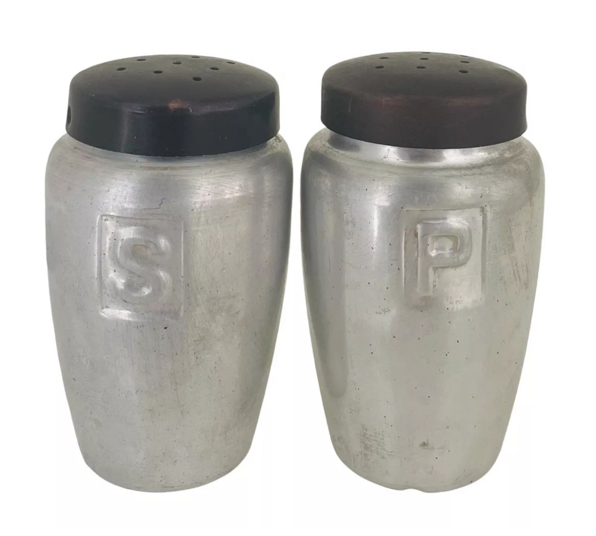 Vintage Aluminum 3" Black Top Salt Pepper Shakers Japan