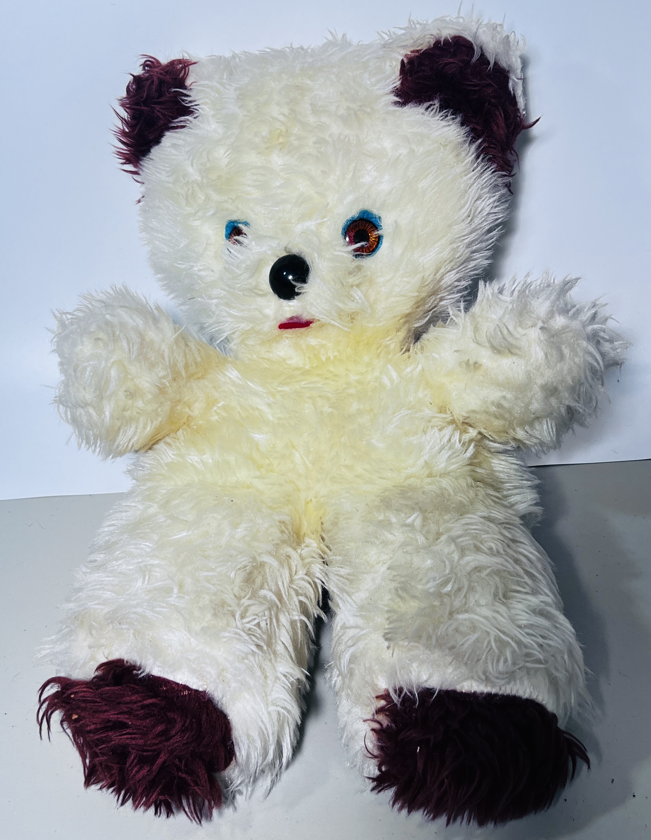 Vintage White & Brown 16" Shaggy Teddy Bear Plush Blue Eyes Needs Repair