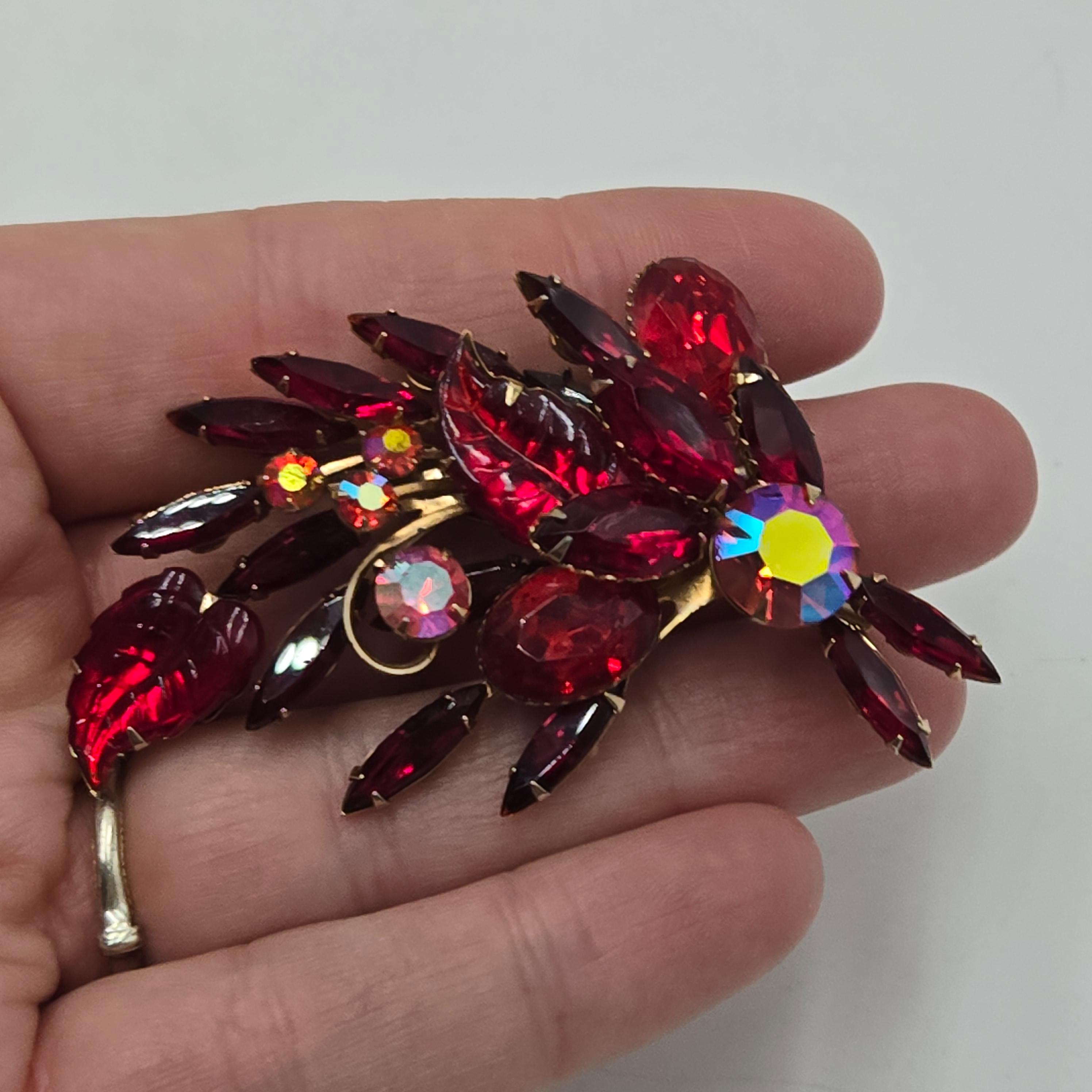Vintage 2.5" Rhinestone Ruby Red Moulded Glass Brooch AB Floral Spray Large