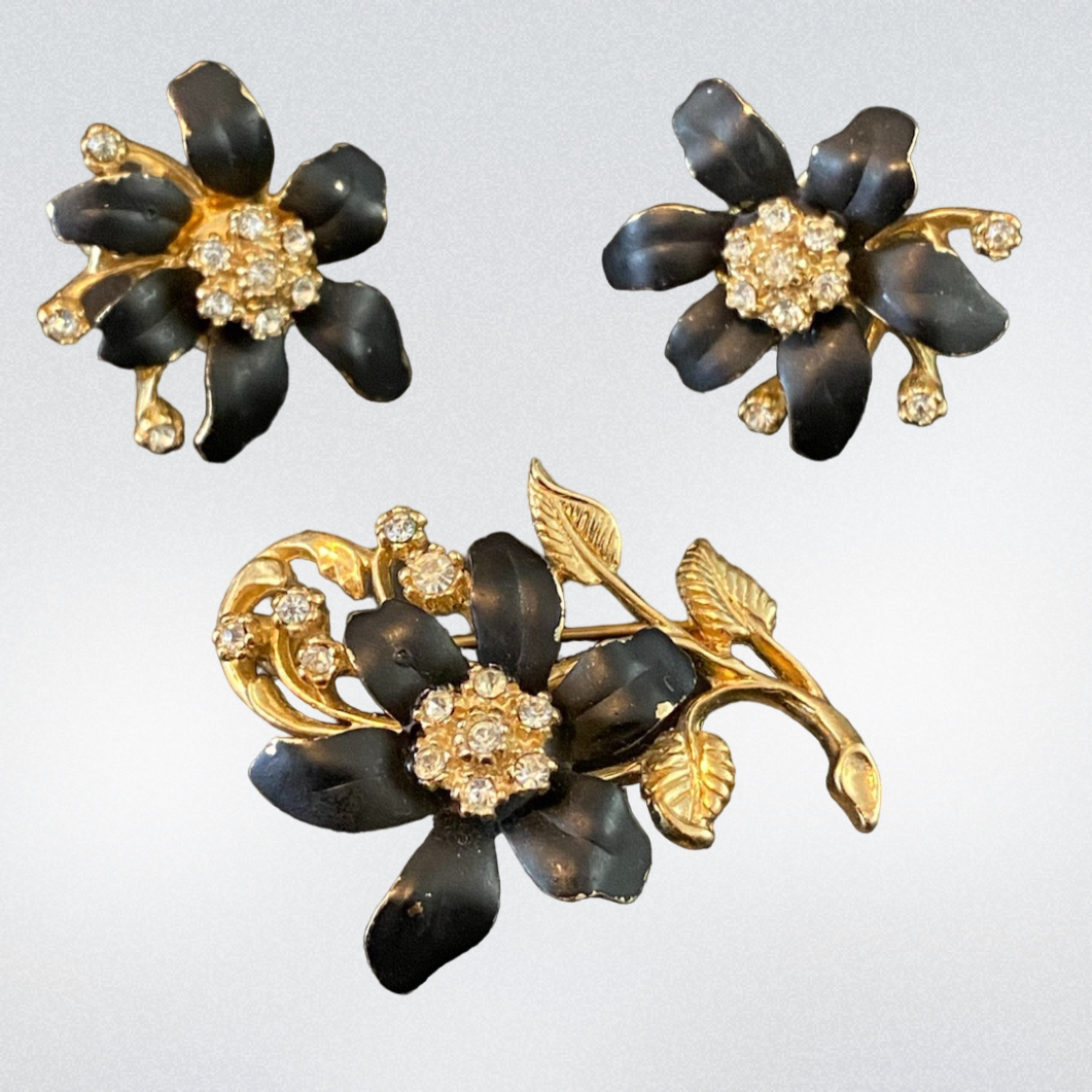 Vintage 1950's Victorian Revival Mourning Black Hellebore Demi-Parure ...