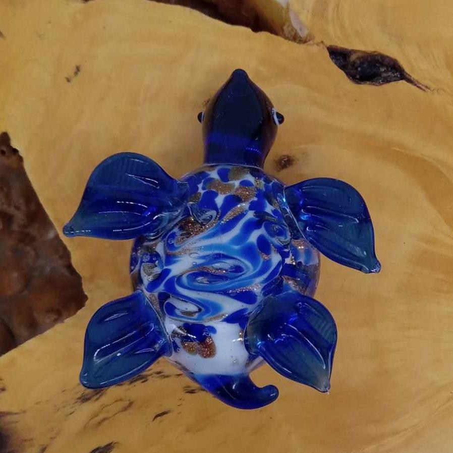 Blue glass turtle, vintage, gold glitter