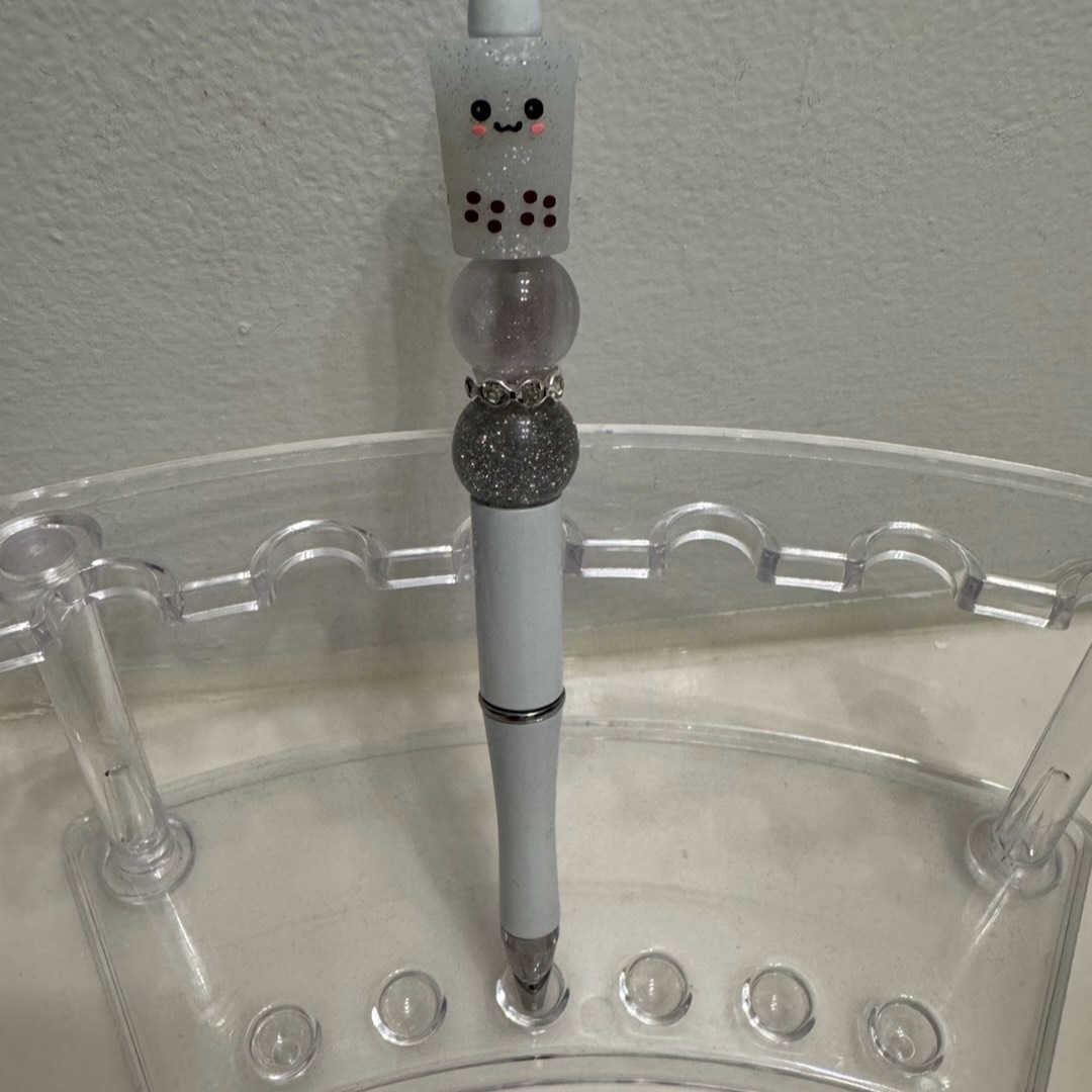 Handmade Beaded Pen - White Boba