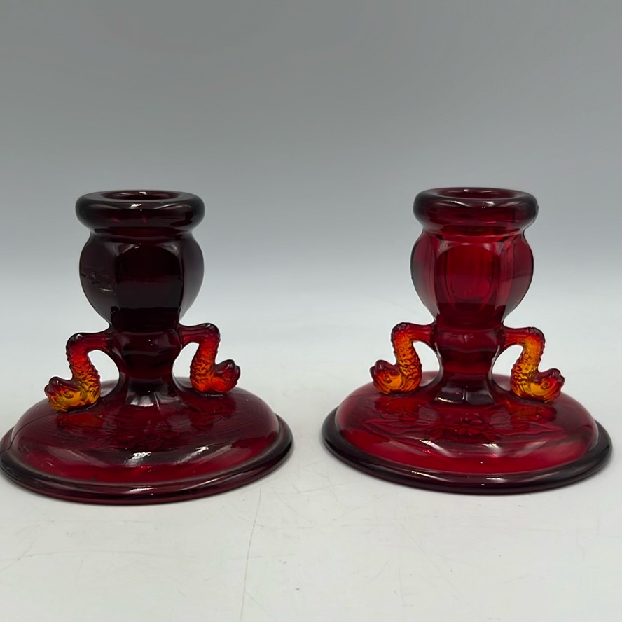 Fenton Ruby Red Amberina Dolphin Taper Candleholders 3.5”