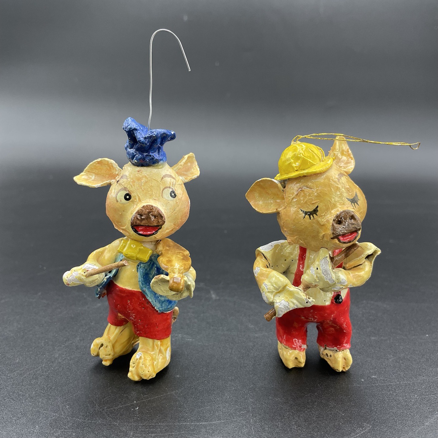 Paper Mache Pigs with Instruments Hanging Christmas Ornaments Set of 2 ...