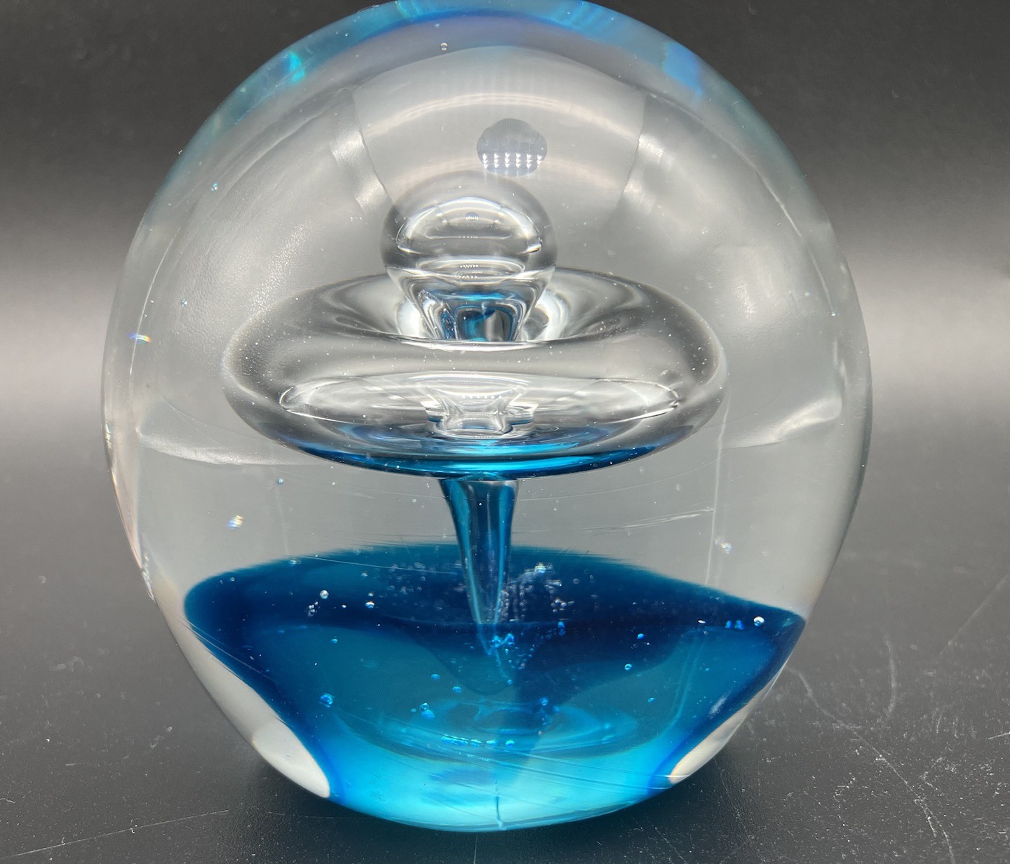 28 - Art Glass Paperweight With Blue And Bubble Ring