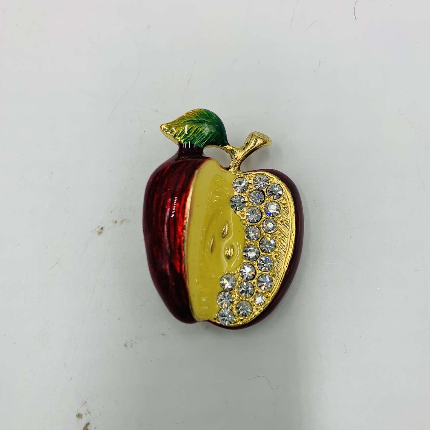18. Vintage Apple Enamel Rhinestone Brooch
