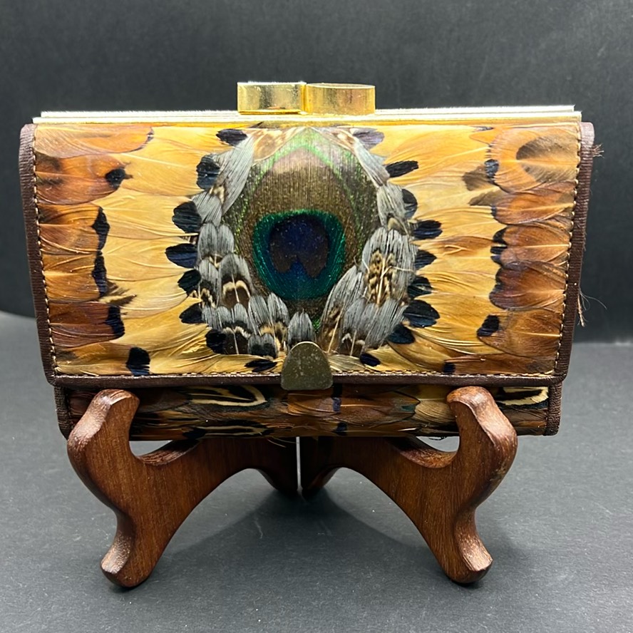 Art Deco Peacock Feather Wallet, Real Feathers!