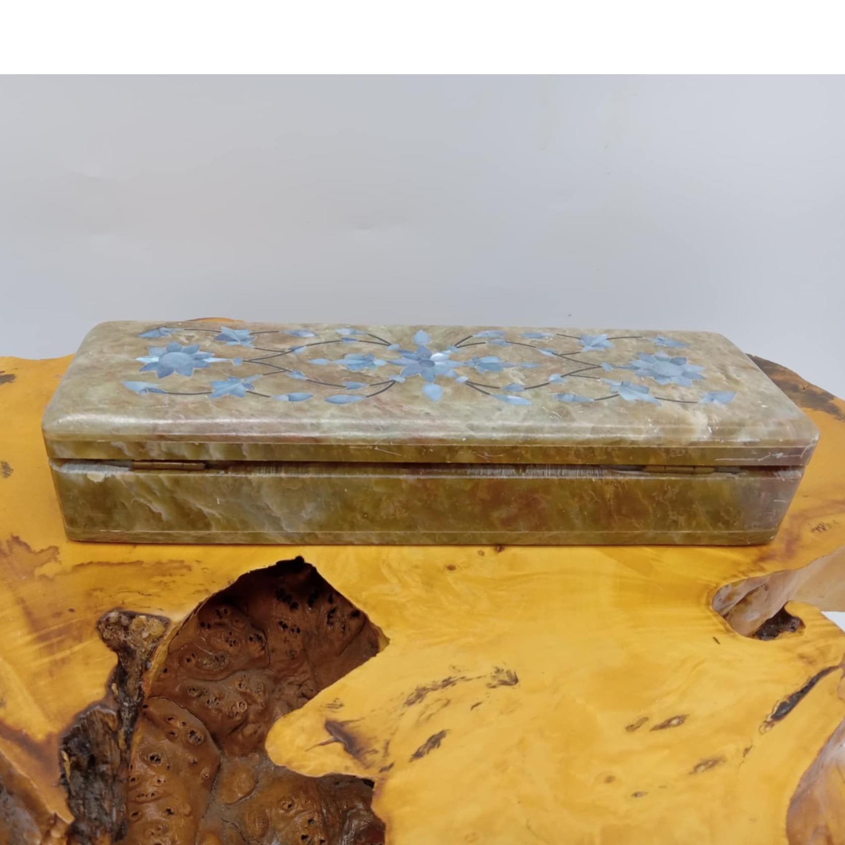Mother of pearl inlaid stone box, hinged, soapstone, flowers