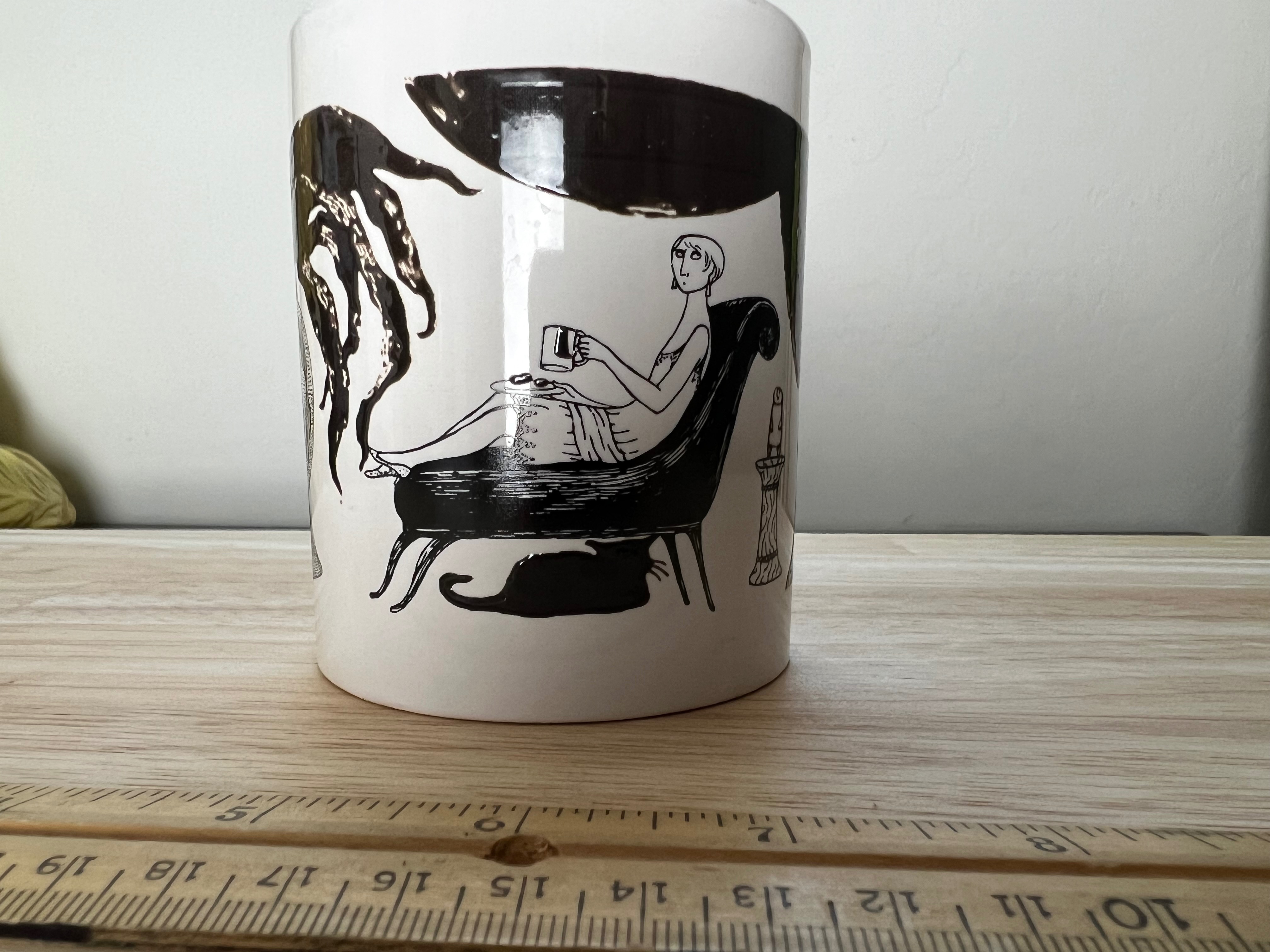 Edward Gorey PBS Mystery Coffee Mug Art Deco scene changes when mug is ...