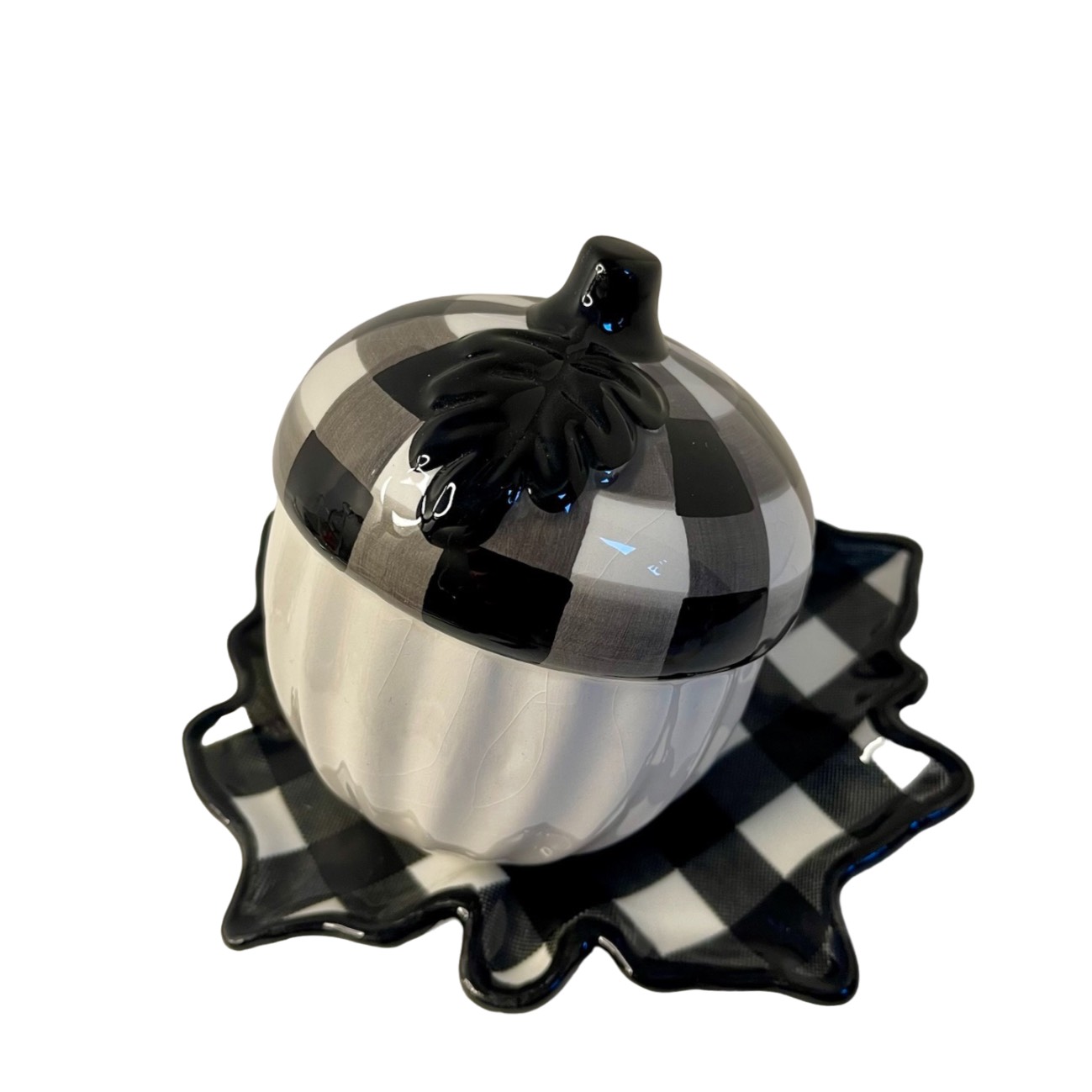 Robert Stanley Maple Leaf Plate & Acorn Ceramic Black & White Plaid ...