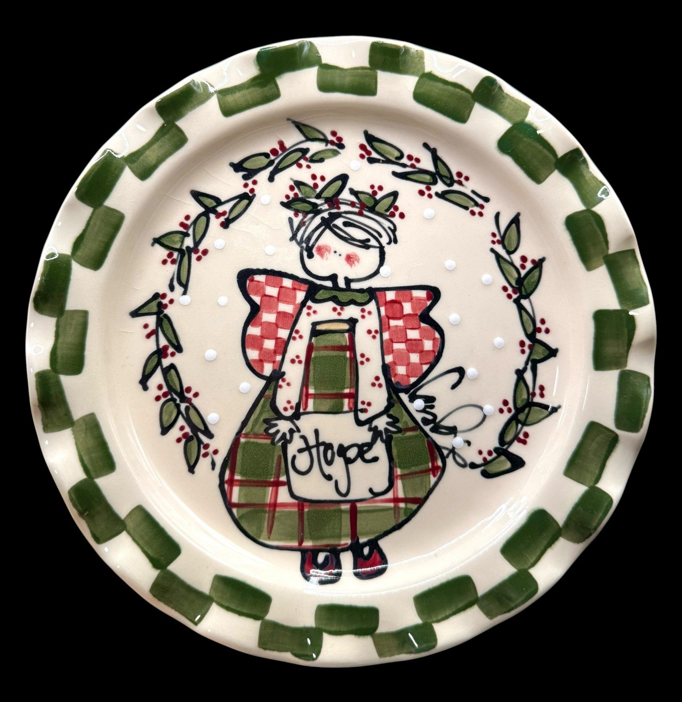 Signed Kimberly Geiger Pottery Christmas Plate Ruffle Angel Hope Red ...