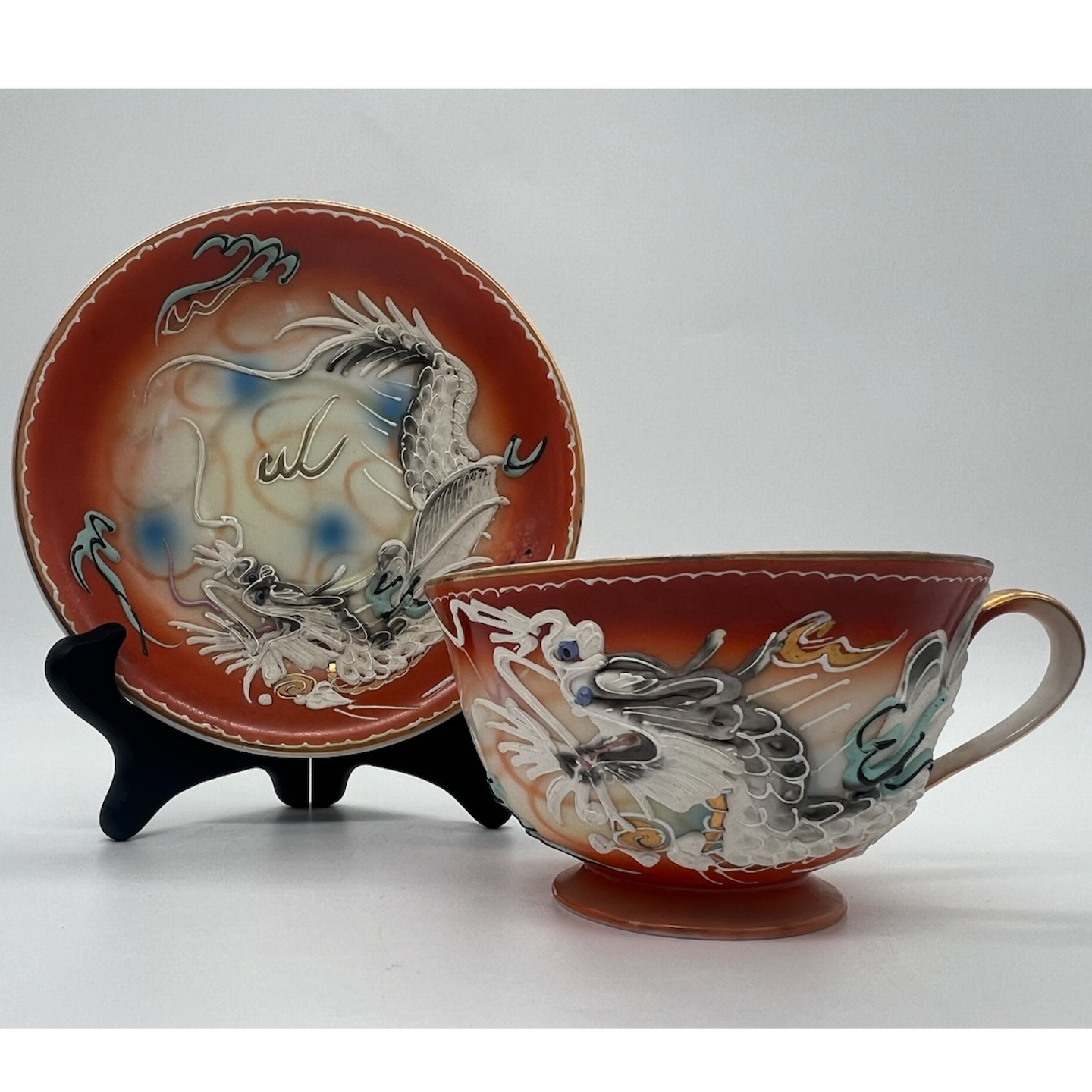 Vintage Moriage Dragonware Teacup And Saucer Geisha Lithopane Orange Japan