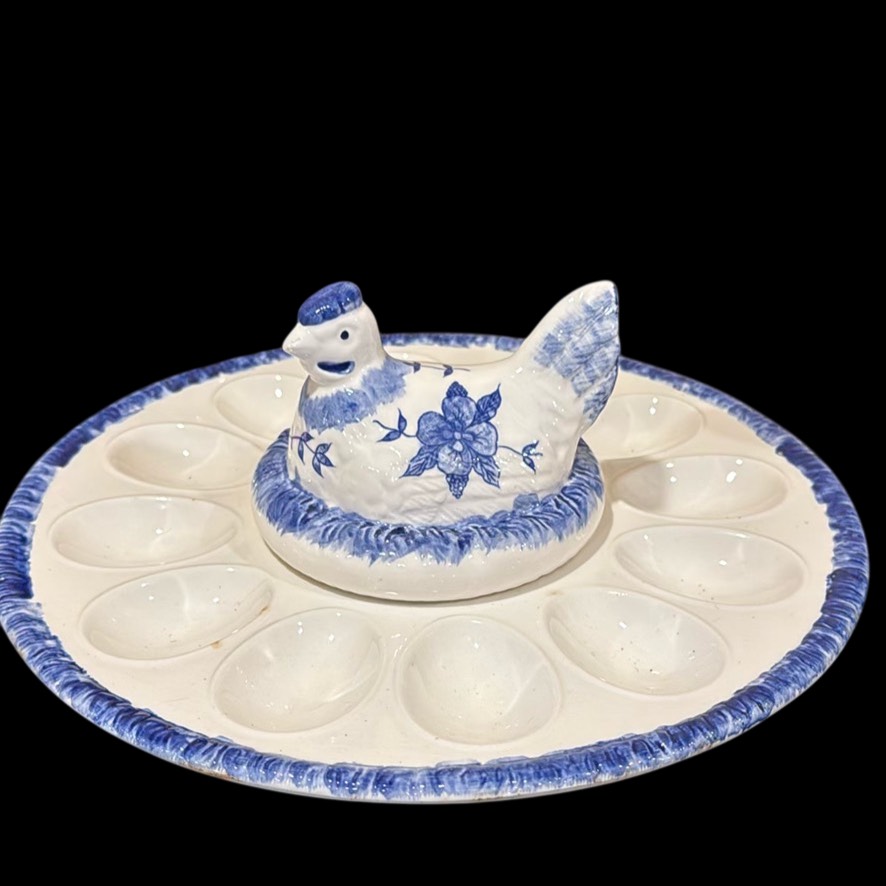 Antique Delfts Blue Egg Plate With Hen - Blue & White Floral ...