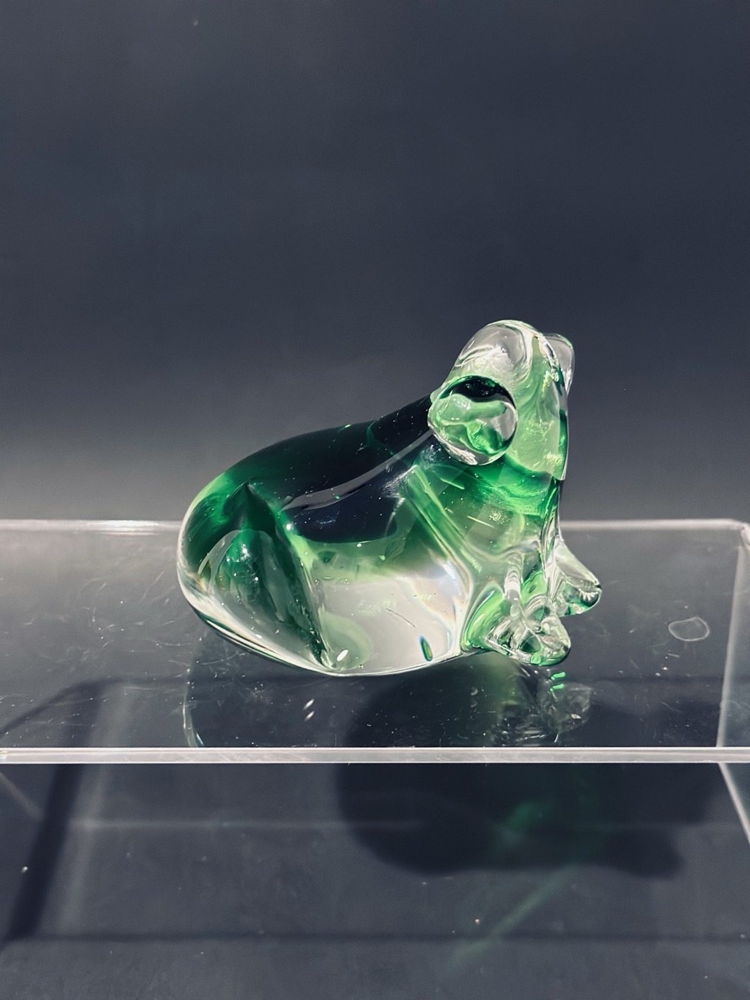 Beautiful Frog Toad Glass Figurine Clear Glass Green Heavy Large Eyes