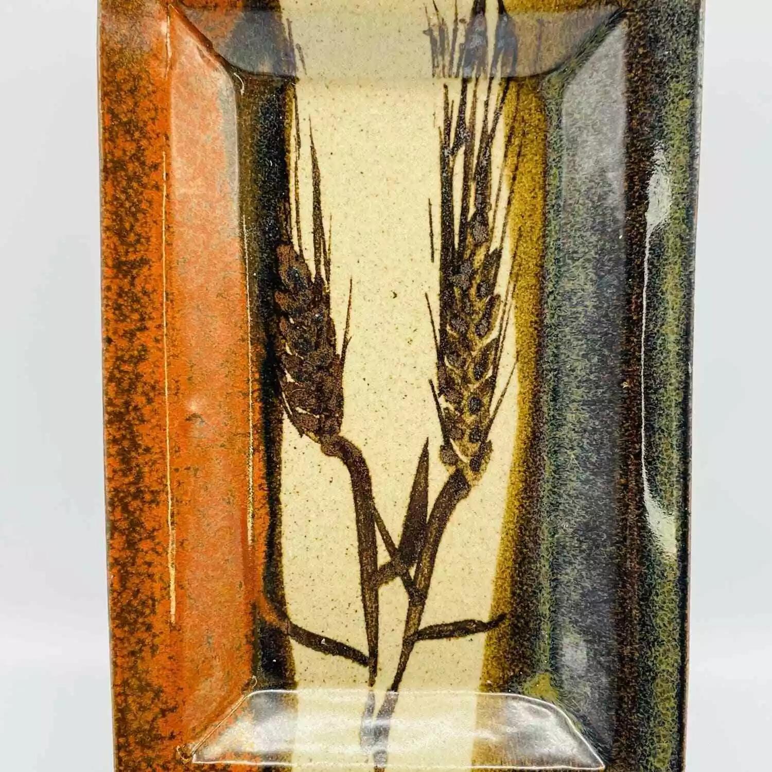 Studio Art Pottery Platter Dish in Beautiful Earth Tones with Pressed Wheat