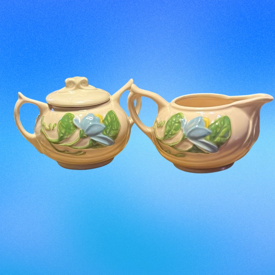 16. Hull Art Pottery Magnolia Blue Sugar Creamer w/ Lid H-21-3-3/4 Pastel Pink