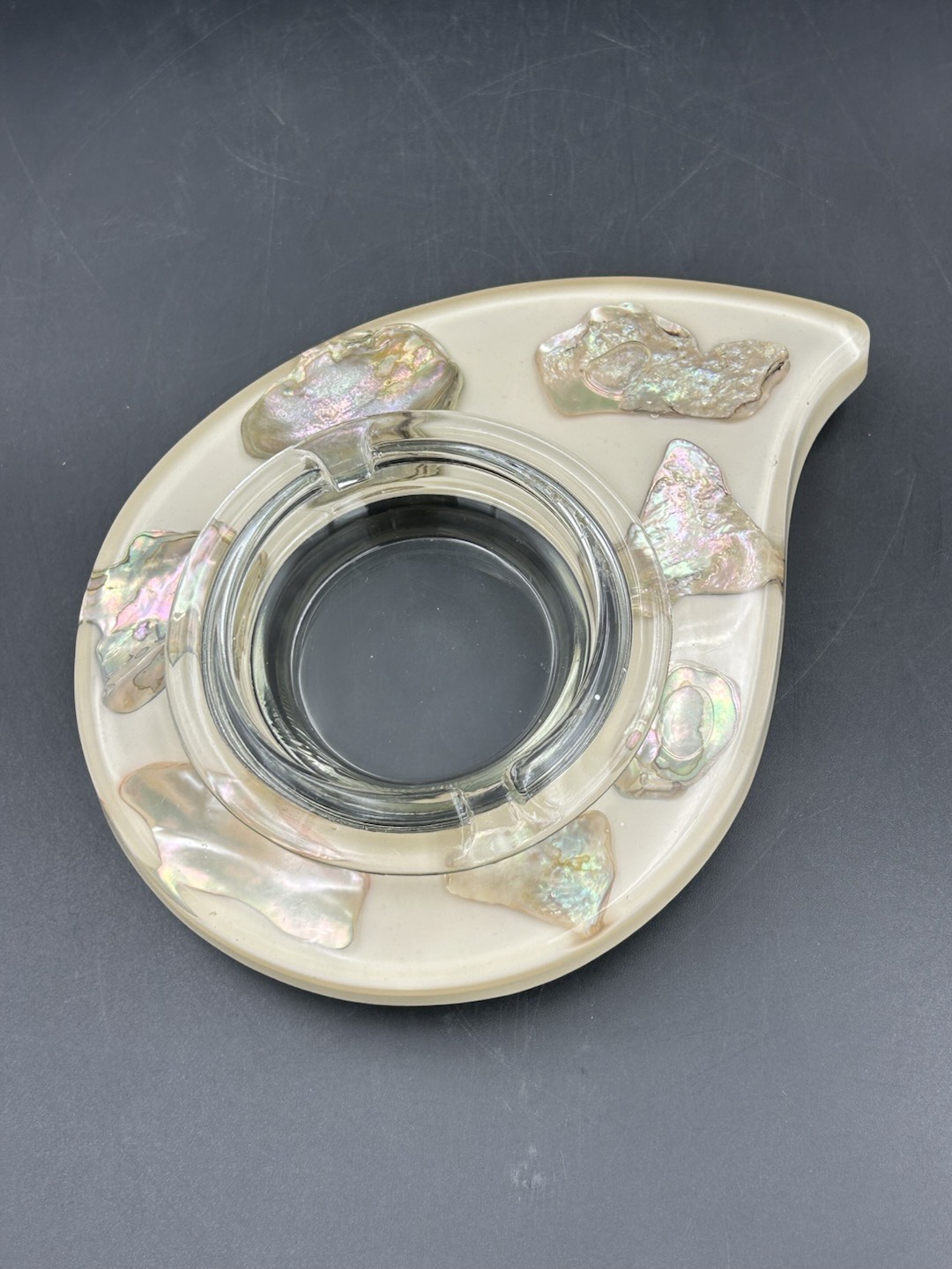 Vintage MCM Resin Ashtray With Embedded Abalone Shells And Glass Insert