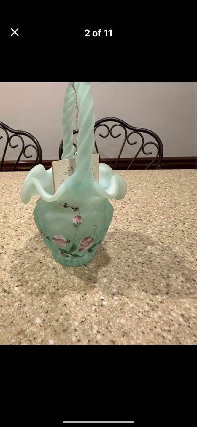 Vintage FENTON OPALINE SATIN SPIRAL OPTIC HAND-PAINTED basket w/ PINK ...