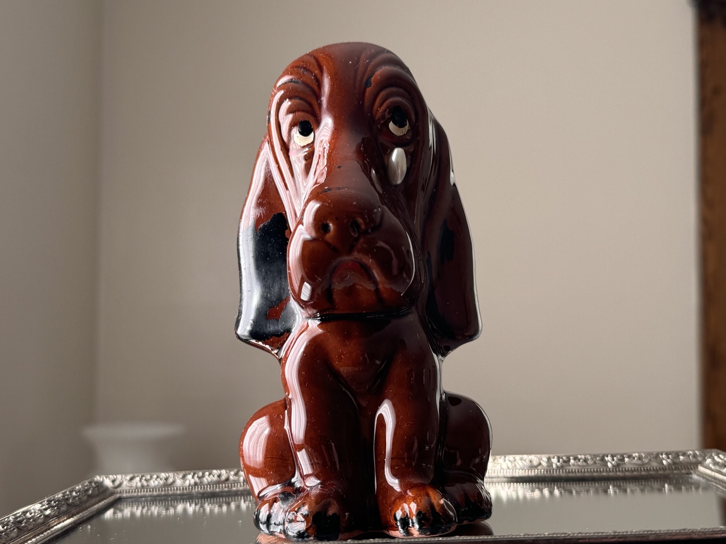 Vintage Enesco Ceramic Sad Hound Dog Redware Bank