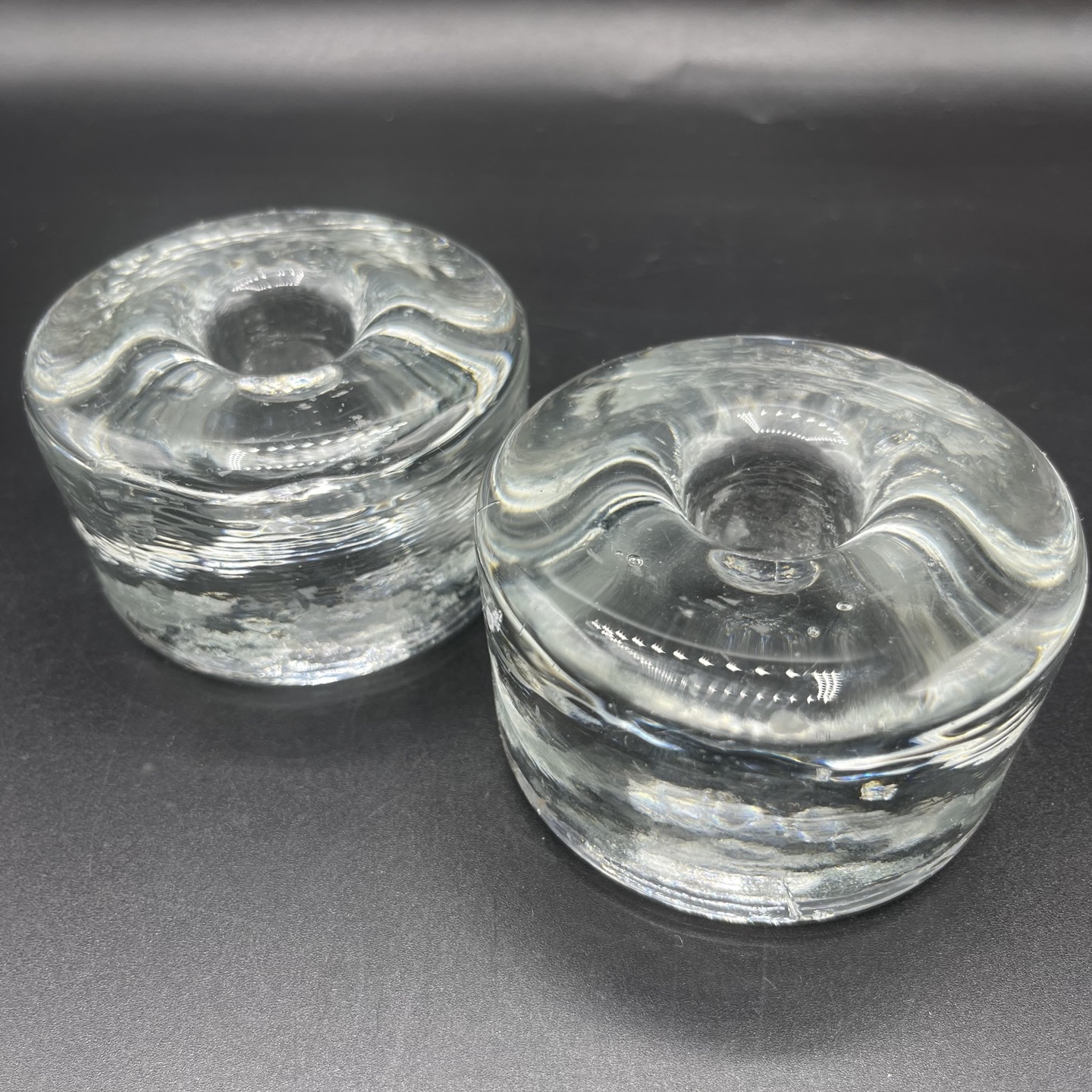BLENKO Set Of 2Clear Glass “Puck” Candlestick Holders Model 990A HEAVY