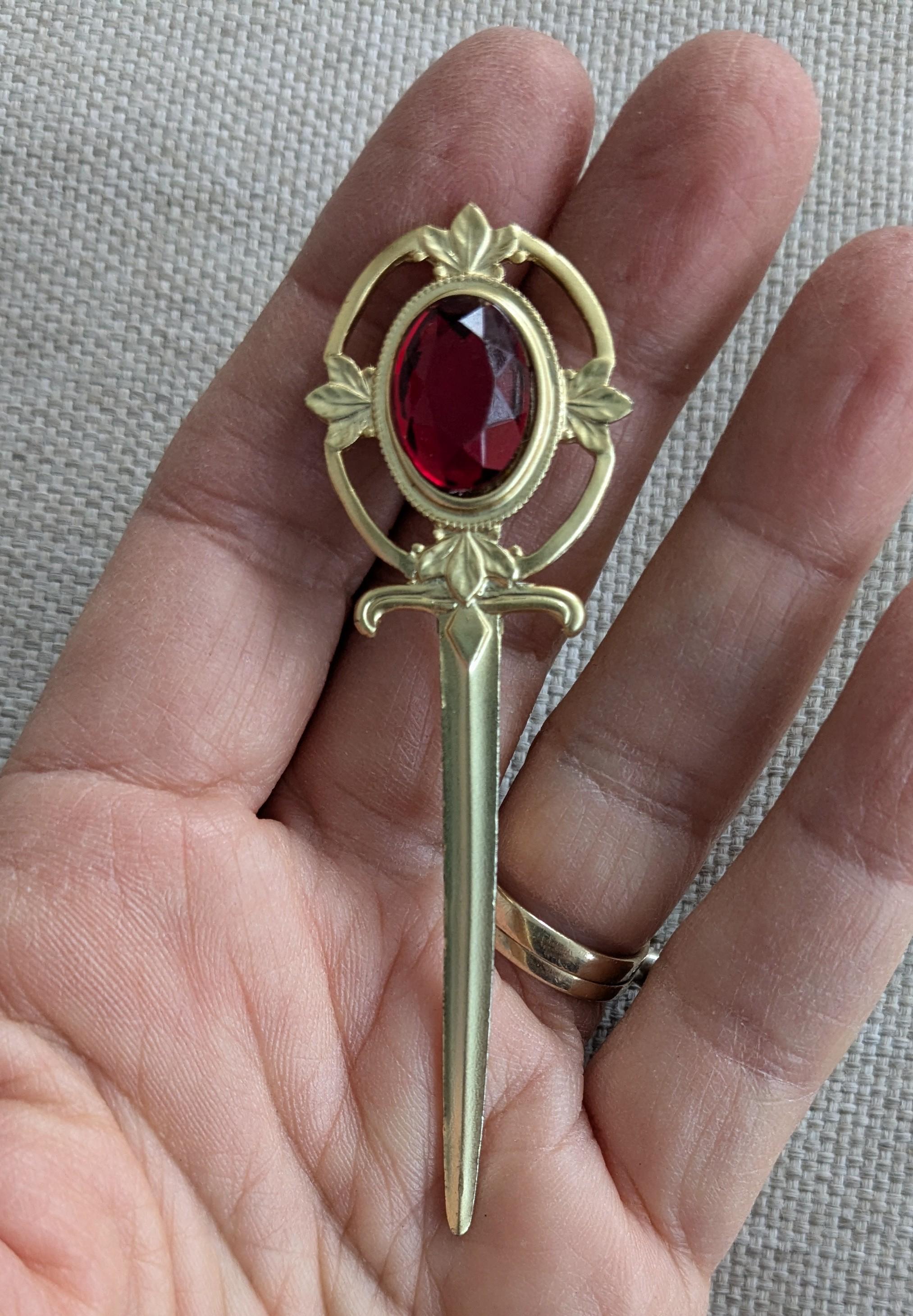 Vintage Dagger Brooch in Gold Tone with Cherry Red Rhinestone
