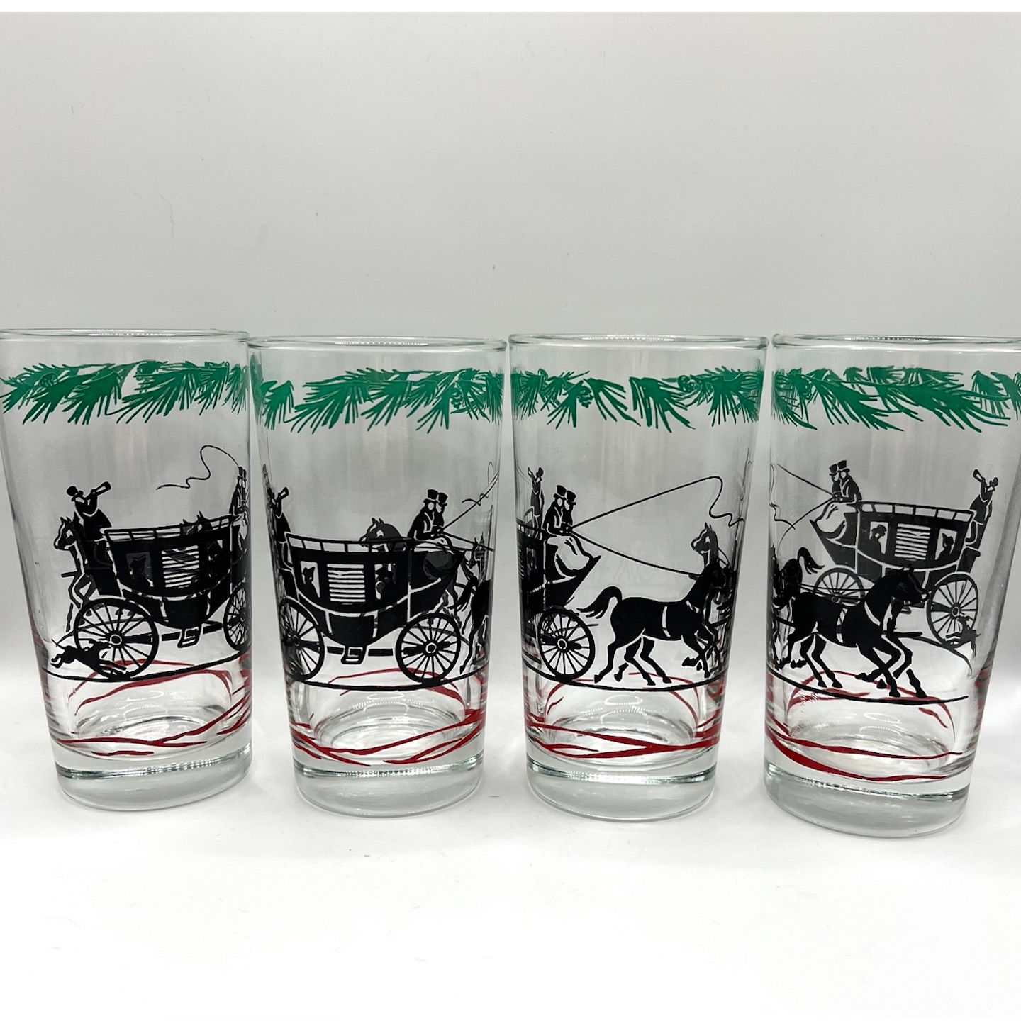 Set of 4 Hazel Atlas Stagecoach Carriage Horses Glass Drinkware Barware ...