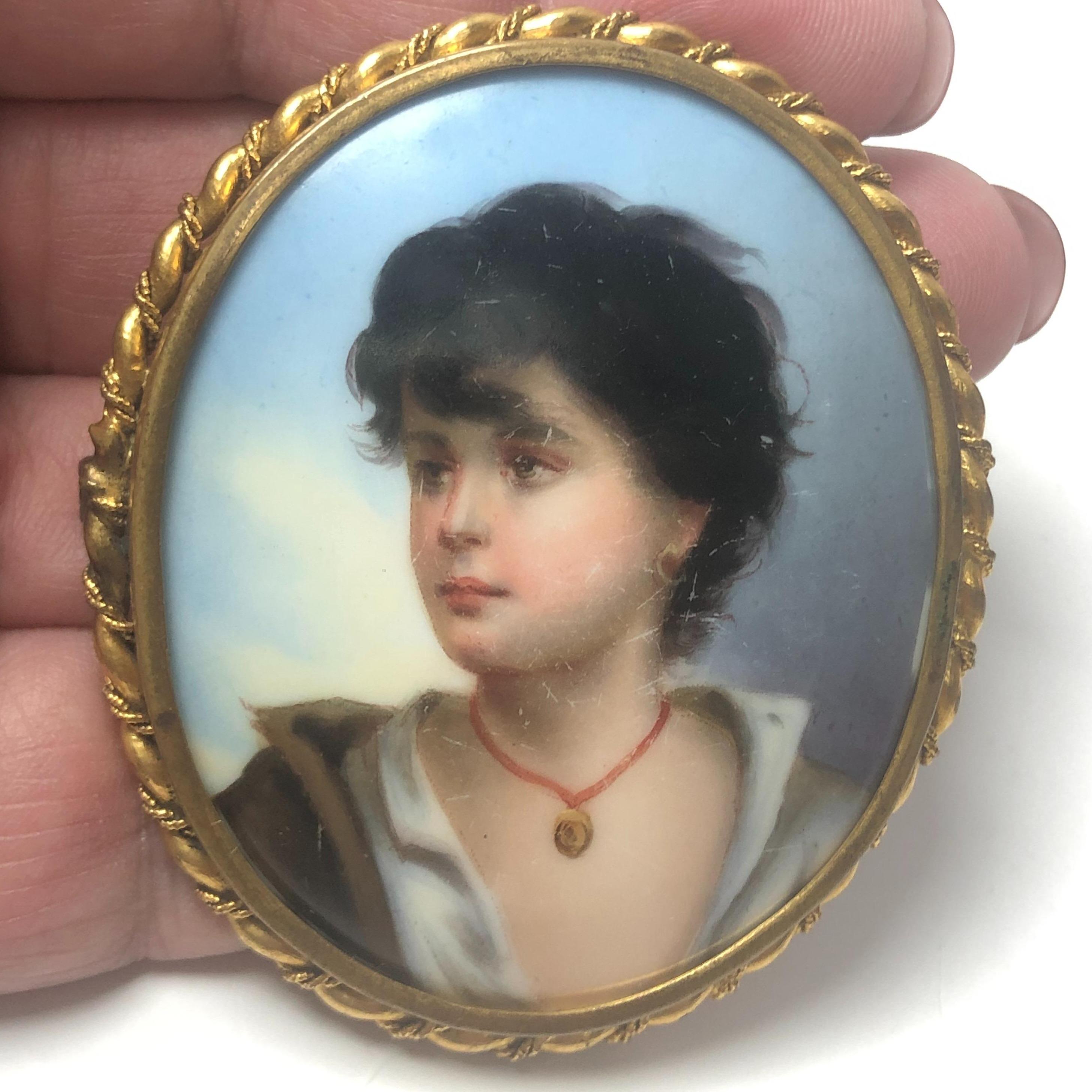 Large Antique Hand Painted Porcelain Portrait Pin Brooch Neapolitan ...