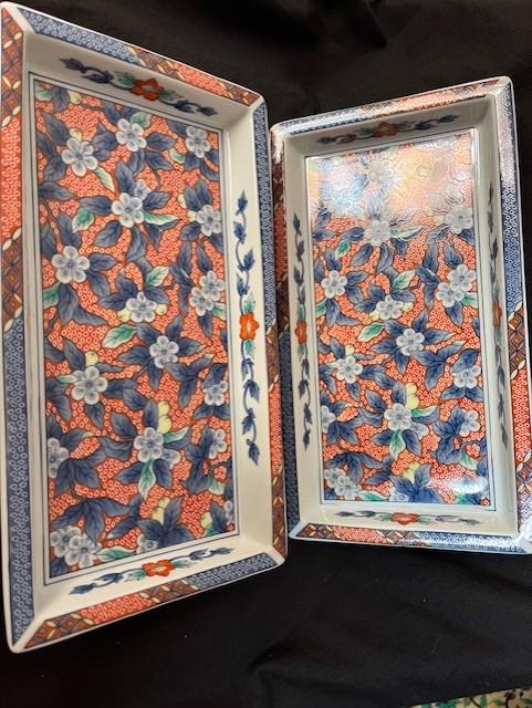 Vintage Asian Serving Plates, Rectangular, Floral, Set of 2