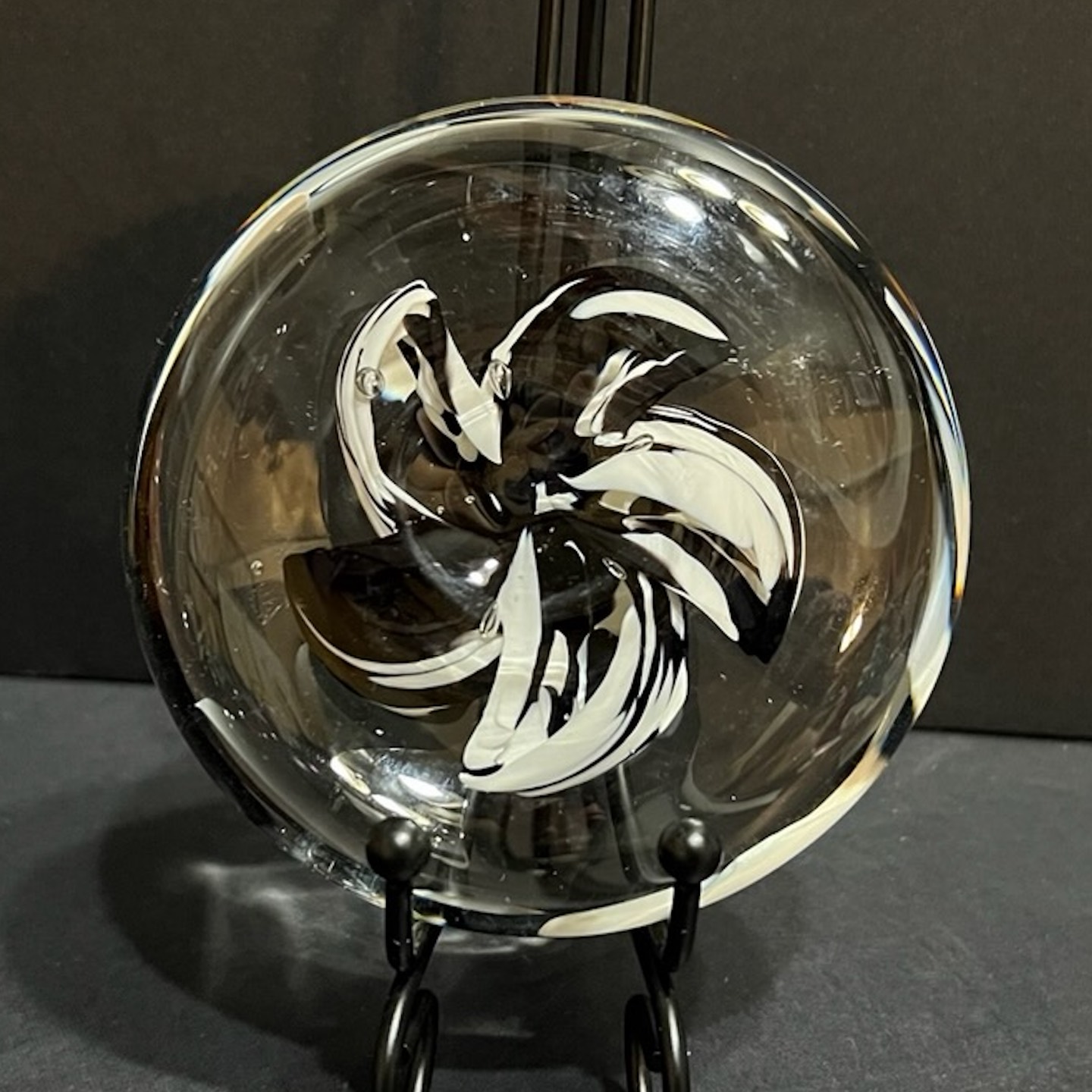 Black & White Floral Disc Paperweight *glows* ~1.25” x 4” diameter