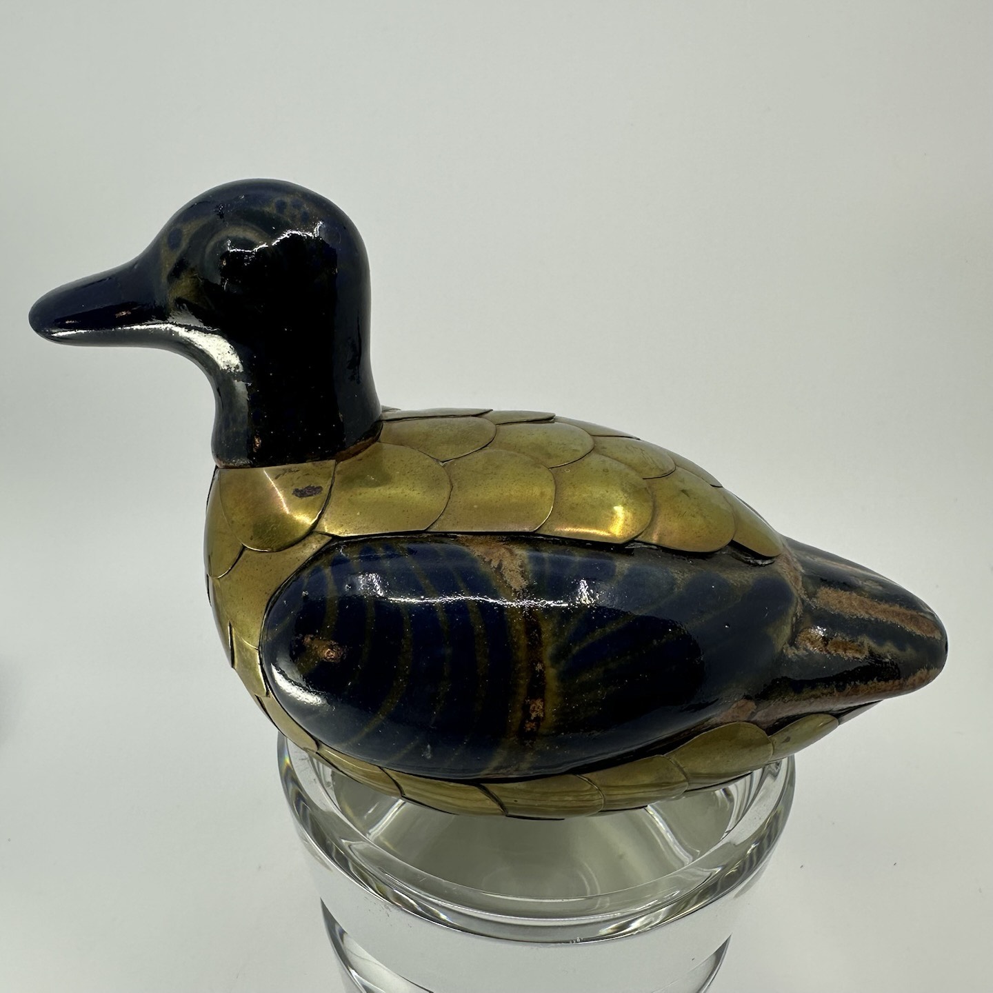 Tonala Armored Duck With Brass & Cobalt Blue Ceramic Pottery