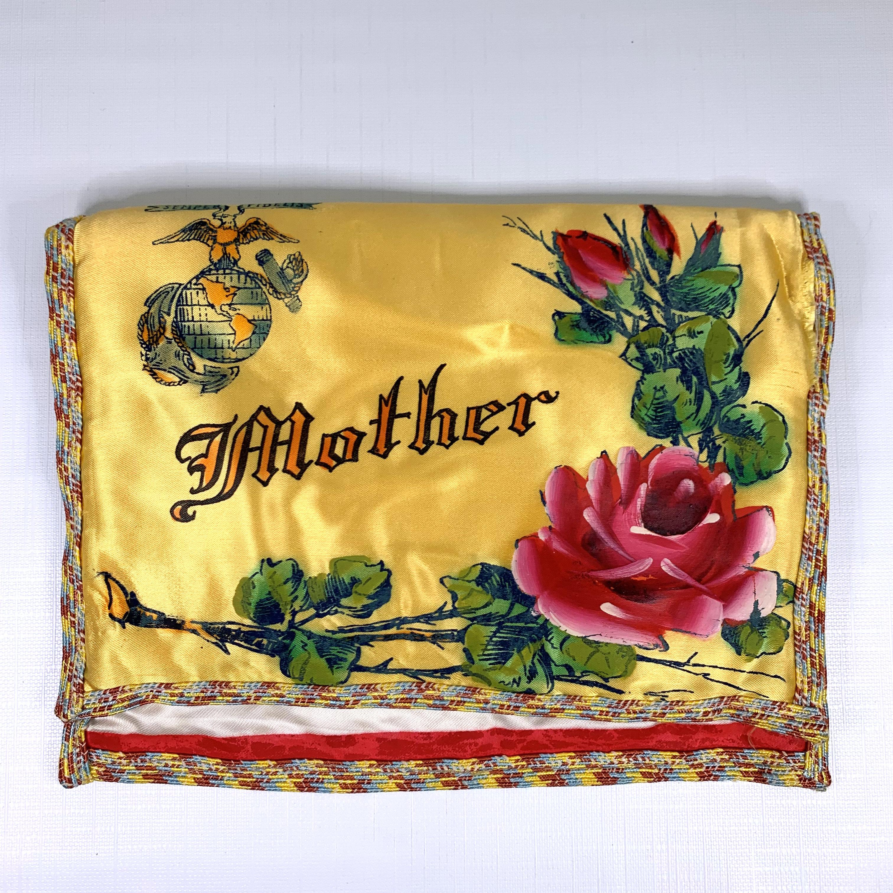 WW2 Satin Mother Handkerchief Holder Hand Painted USA Flag 40s Vintage