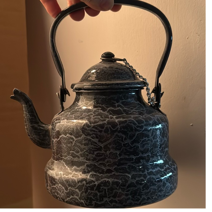 Mottled Gray Enamel Teapot Enamelware Graniteware Gooseneck Spout